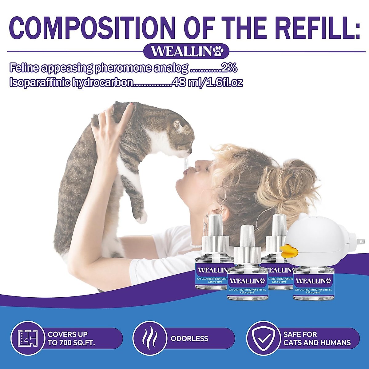WEALLIN Cat Calming Diffuser Kit - Cat Pheromones Calming Diffuser Relieve Anxiety & Stress - 5-in-1 Cat Pheromone Diffuser Kit with 1 Diffuser + 4 Refill 48ml Vial-120 Days of Comfort and Relaxation