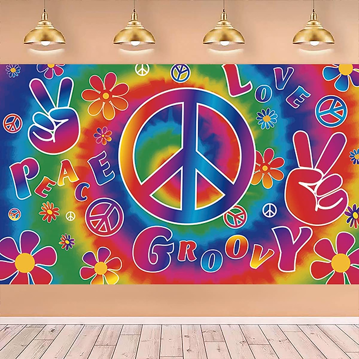 LOONELO Peace Groovy Love Backdrops Banner with 71x44 inch,60's Carnival Groovy Party Decoration Banner,Retro Hippie Boho Photography Background for Hippie Theme Groovy Party Decorations Rainbow