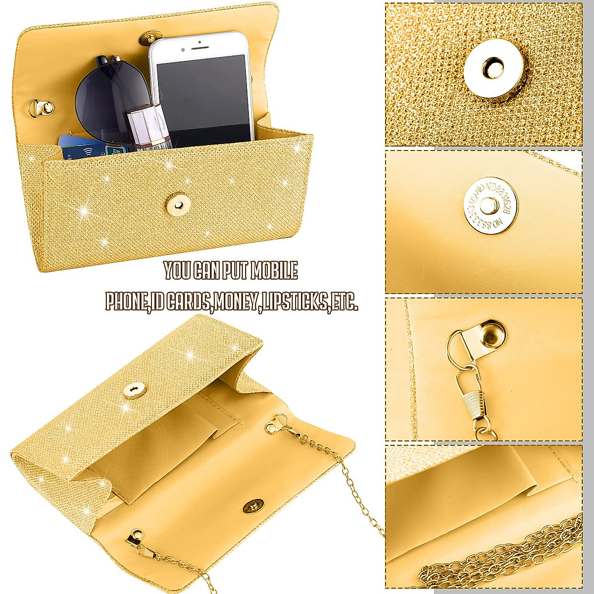 Sotiff 5 Pcs Women Evening Clutch Purse Party Handbag Jewelry Set Necklace Bracelet Earring for Girlfriend Valentines Gifts(Gold)