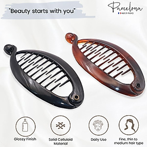 Parcelona French Effortless Mini Small Pair of Brown Tortoise Shell N Black Banana Hair Clip for Fine Hair