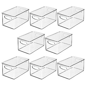 mDesign Deep Plastic Bathroom Storage Bin Box, Lid/Built-in Handles, Organization for Makeup, Hair Styling Tools, Toiletry Accessories in Cabinet, Shelves, Ligne Collection, 8 Pack, Clear