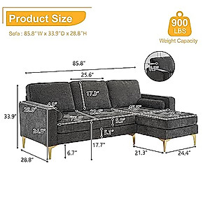 Imseigo 85”W Sectional Sofa Couch, L Shaped Couch with Reversible Chaise, Mid Century Modern 3-seat Sofa Chenille Couches for Living Room, Apartment, Office and Small Space (Dark Grey)