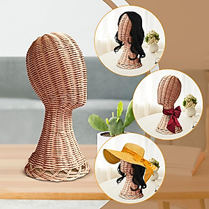 Generic Mannequin Head Hat Display Stand Professional Tall Rattan Hat Rack Wig Stand for Hairpieces Headsets Headphones Barber Salon Shop