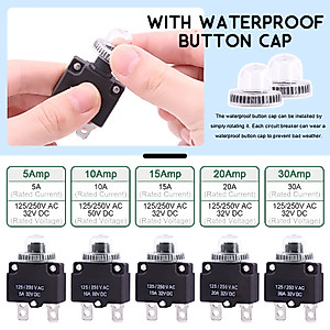Keadic 20Pcs 20A Push Button Circuit Breaker with Manual Reset Assorted Set AC125-250V 32VDC Thermal Circuit Breaker with 19cm Wire Leads, Female Spade Terminals and Waterproof Button Transparent Cap