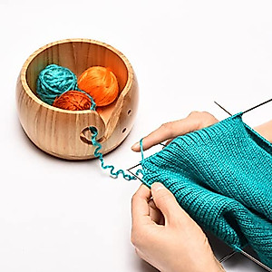 gofidin Craft DIY Arts with Handmade Holes Knitting Crochet Weaving Tool Wool Holder Organizer Wooden Yarn Bowl Woolen Knitting Storage Basket(2)