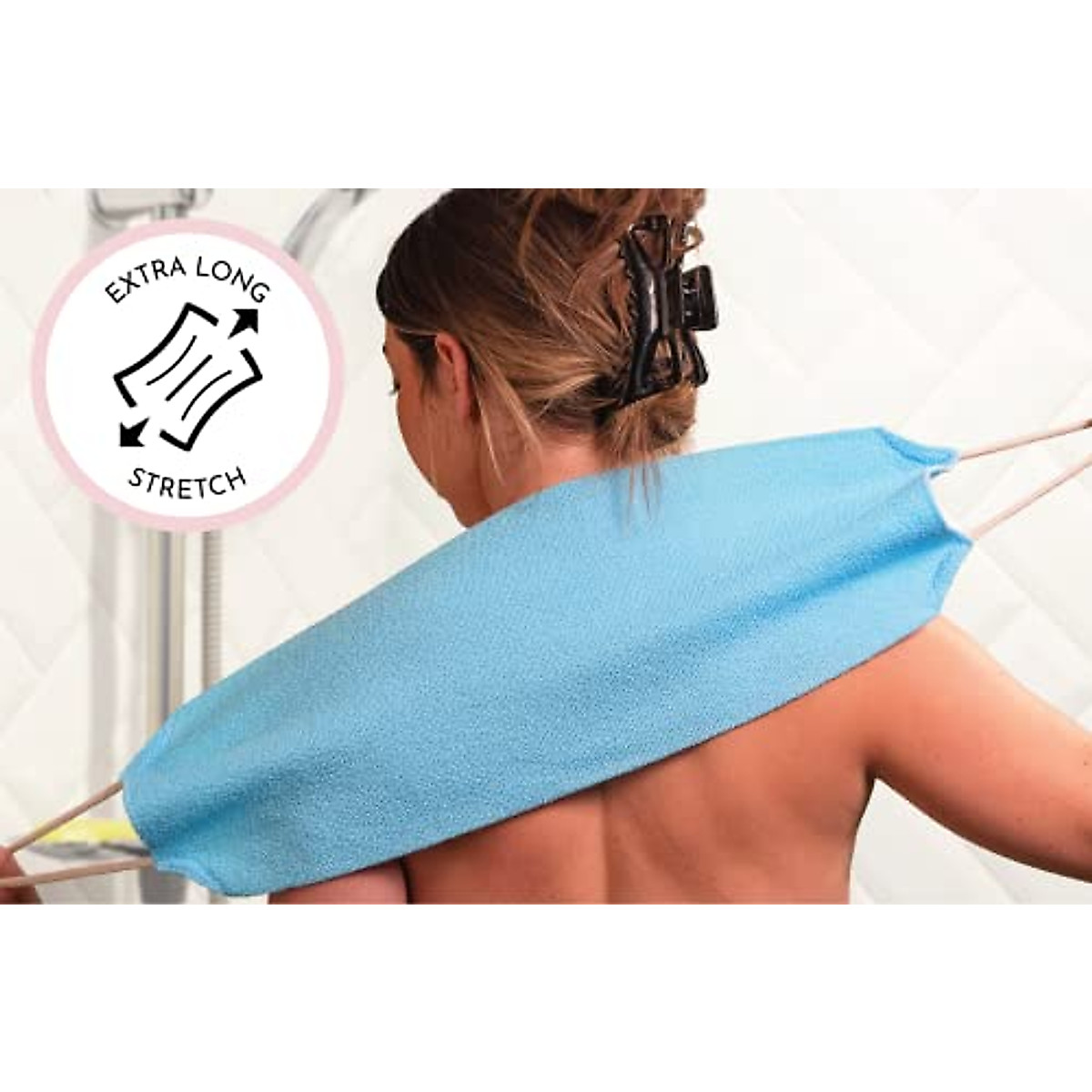 S&T INC. Exfoliating Body Scrubber, Back Exfoliator for Shower, Exfoliating Stretch Cloth with Handles, 8 Inch x 21 Inch, Blue, 1 Pack