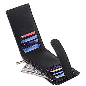 Chelmon Womens Wallet Slim RFID Blocking Bifold Multi Card Case Wallet with Zipper Pocket (Black Smooth)