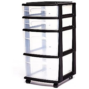 Homz Plastic 4 Clear Drawer Medium Home Organization Storage Container Tower with 2 Large Drawers and 2 Small Drawers, Black Frame