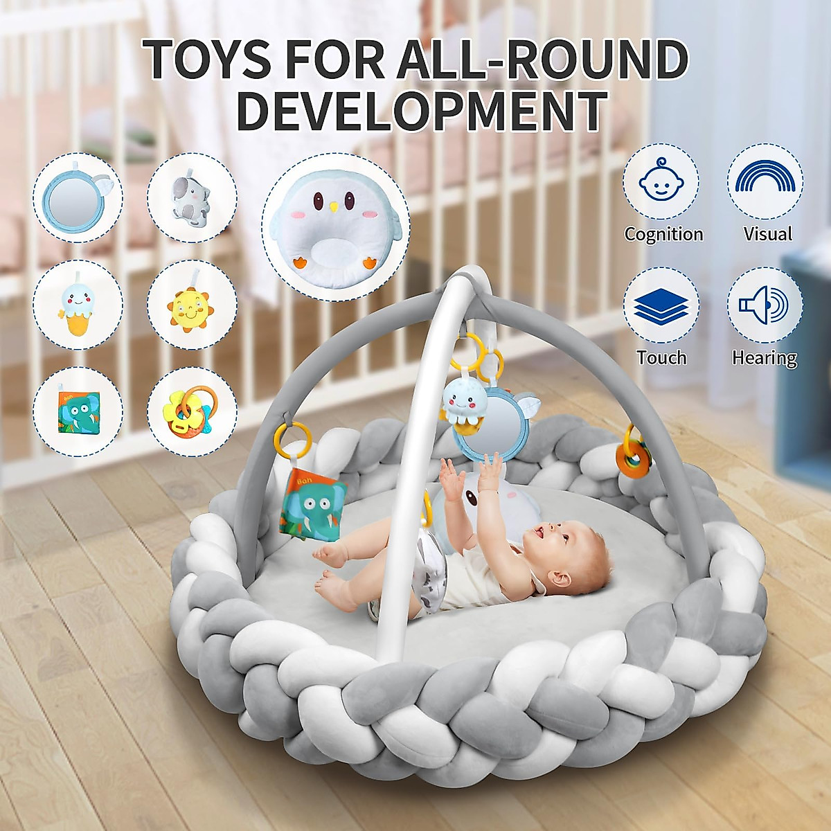 Yacul Baby Play Gym Mat, Thick Soft Baby Gym Tummy Time Activity Mat with Detachable Toys, Stage-Based Developmental Activity Gym & Play Mat for Baby to Toddler