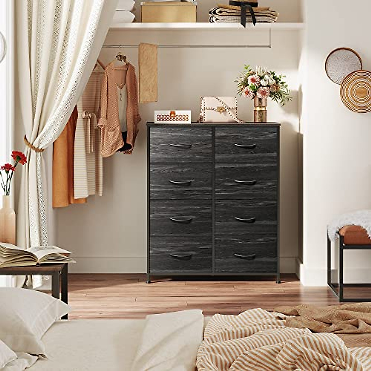 WLIVE Fabric Dresser for Bedroom, Tall Dresser with 8 Drawers, Storage Tower with Fabric Bins, Double Dresser, Chest of Drawers for Closet, Living Room, Dormitory, Charcoal Black Wood Grain Print