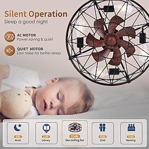 REDSTAR Retro Small Ceiling Fan with Light Remote Control, Ceiling Fans with Lights Flush-Mount, Low-Profile Ceiling Fan with Light, Caged Ceiling Fan with Light (Black)