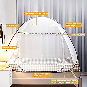 Tinyuet Mosquito Net for Bed, 47.2x78.7in Pop-up Mosquito Net Tent for Indoor and Outdoor Use, Portable Double Door Travel Mosquito Net with Net Bottom, Insect Screen-Brown Edge