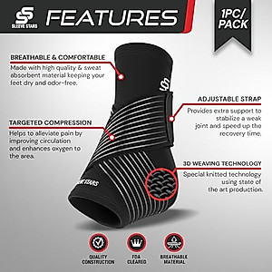 Sleeve Stars Ankle Brace for Women & Men, Achilles & Plantar Fasciitis Relief Compression Sleeve, Foot Brace with Ankle Support Strap, Heel Protector Wrap for Pain, Tendonitis & Sprain (Single/Black)