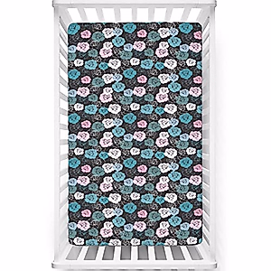 Roses Themed Fitted Crib Sheet,Standard Crib Mattress Fitted Sheet Soft & Stretchy Fitted Crib Sheet-Crib Mattress Sheet or Toddler Bed Sheet,28“ x52“,Baby Pink Cadet Blue