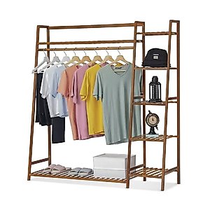 Magshion 5-Tier Bamboo Clothing Rack Clothes Hanging Rack Stand - Stylish and Rustic Bamboo Garment Rack with Trapezoidal Shelves for Bedroom