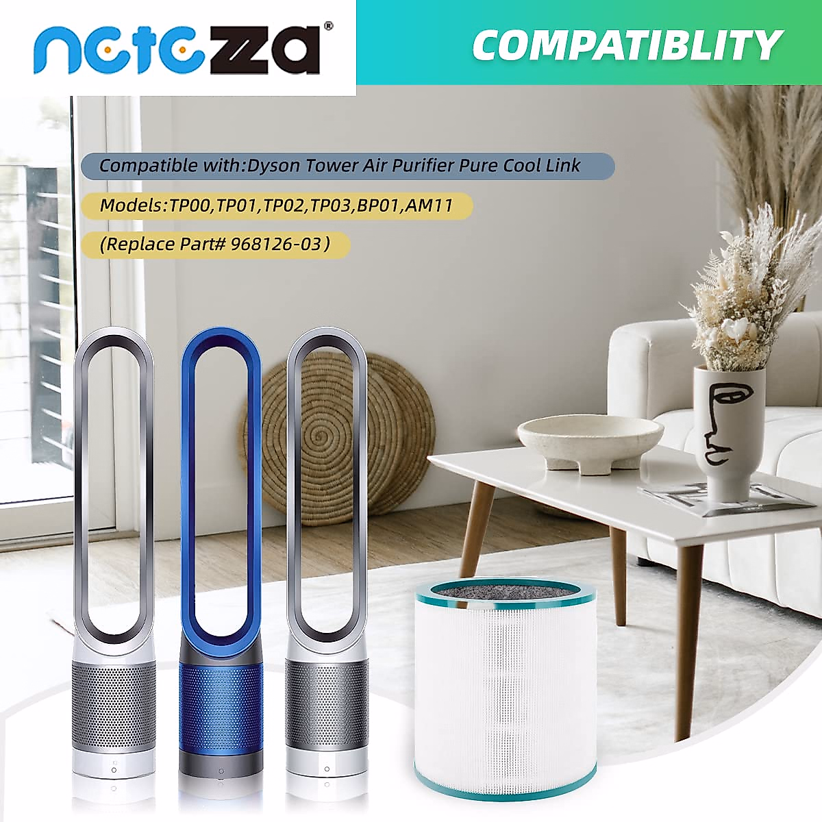 Netezza TP01 HEPA Filter for Dyson,Replacement Filter for Dyson Tower Purifier Pure Cool Link TP01, TP02, TP03, AM11, BP01 Tower Air Purifier, Compare to Part 968126-03,2 Pack