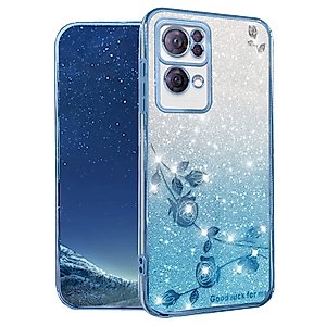 Phone Case Oppo Reno 7 pro Glitter for Women Girls Pink Floral Clear Shockproof Protector Oppo Reno 7 pro Phone Case Cover Diamond Bling Sparkle Luxury Cute Thin 2023 (Blue)