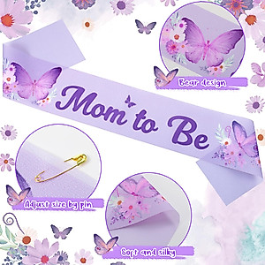 Butterfly Theme Mom to Be Sash Baby Shower Dad to Be Pin and Purple Flower Crown Headband for Gender Reveals Party Baby Shower Party Favors Decorations for Girls Pregnancy Photo Props Keepsake Gifts