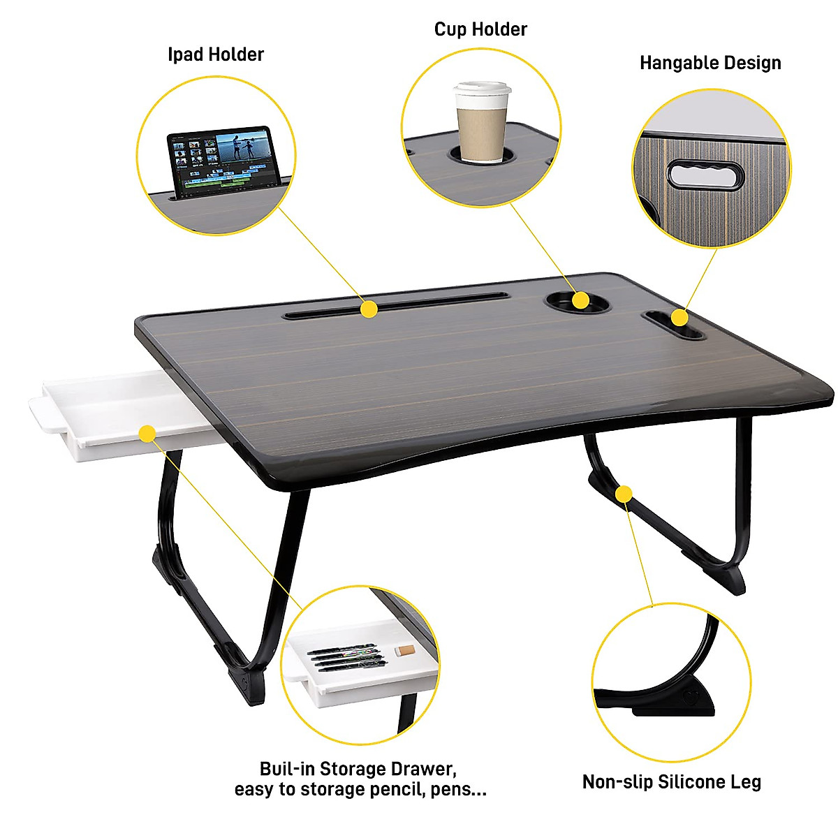 Amaredom Laptop Bed Desk Tray Bed Table, Foldable Portable Lap Desk with Storage Drawer and Cup Holder for Eating Breakfast on Bed/Couch/Sofa-Black