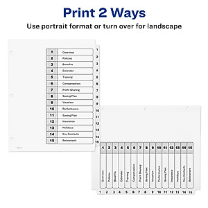 Avery 15 Tab Dividers for 3 Ring Binders, Customizable Table of Contents, Classic White Tabs, 3 Sets (11079)