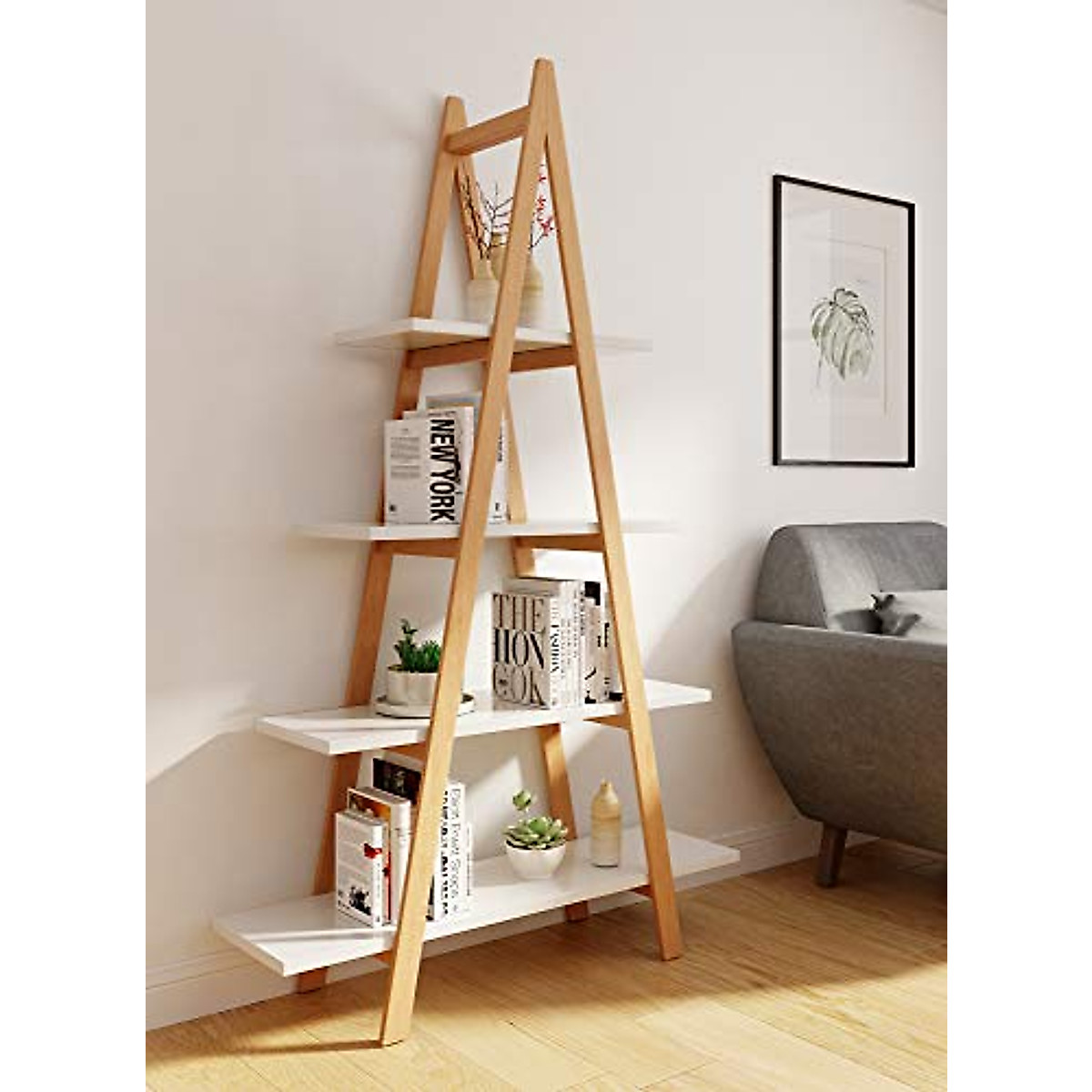 Universal Expert Abacus 4-Tier Ladder Bookcase, Leaning Free Stand Wood Bookshelf Frame Storage Rack, Display Shelf for Home Office, Oak and White