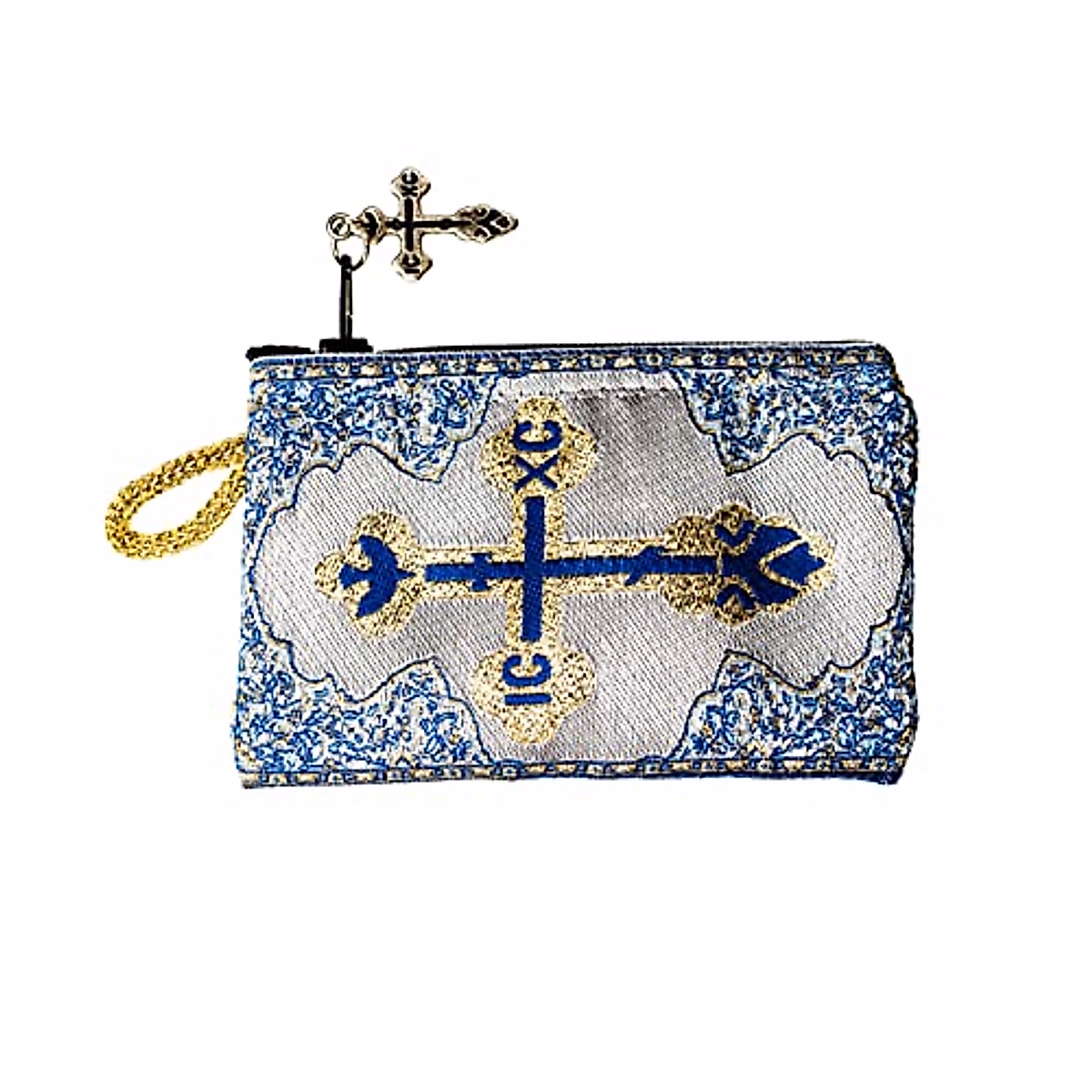 Intercession Hand-Woven, Lined Madonna and Child Rosary Pouch, Made in Turkey with Premium Metallic Thread (Blue - Small)