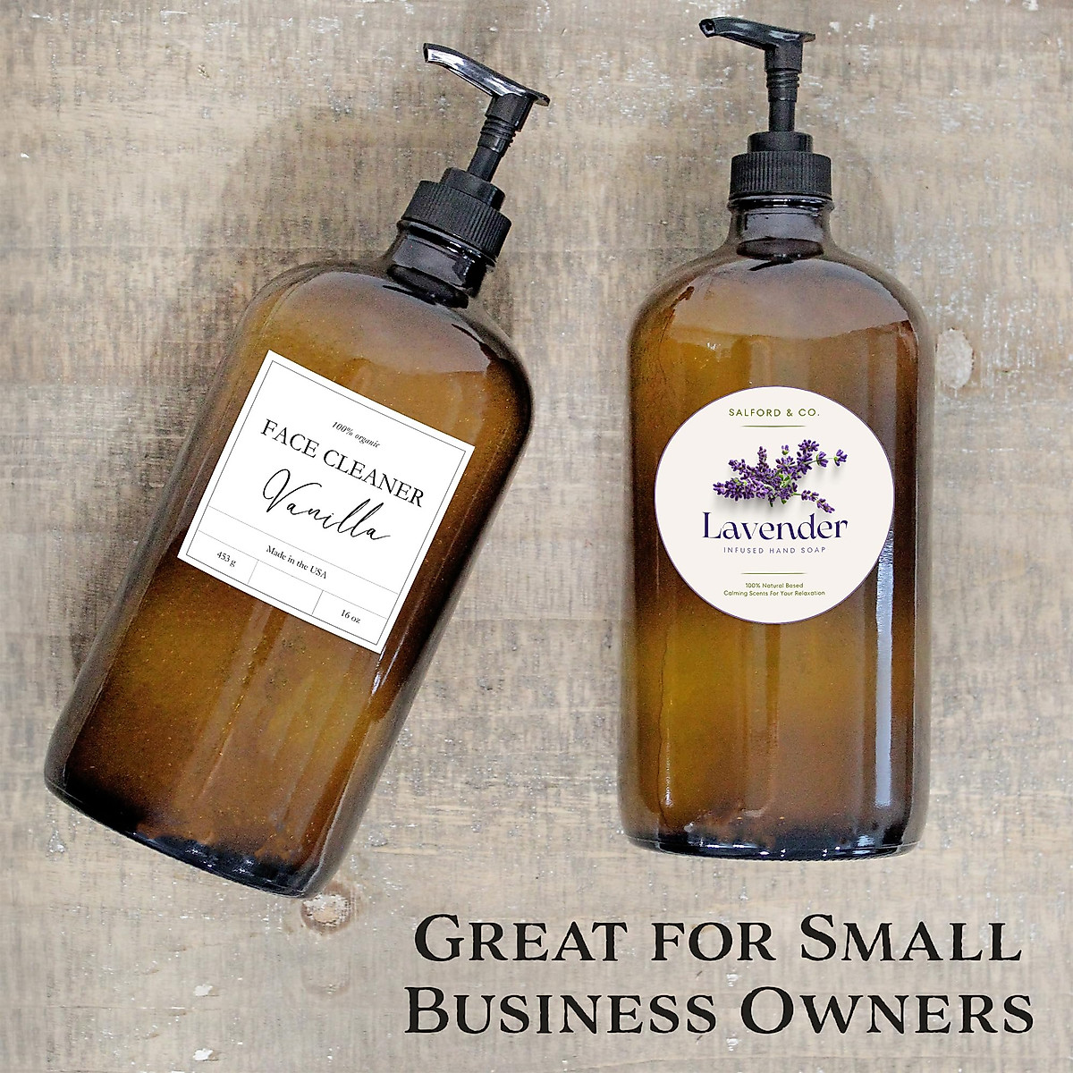 32-Ounce Amber Glass Lotion Pump Bottles (2-Pack); Quart Size Brown Bottles w/Black Plastic Locking Pump Dispensers; Includes Chalk Labels