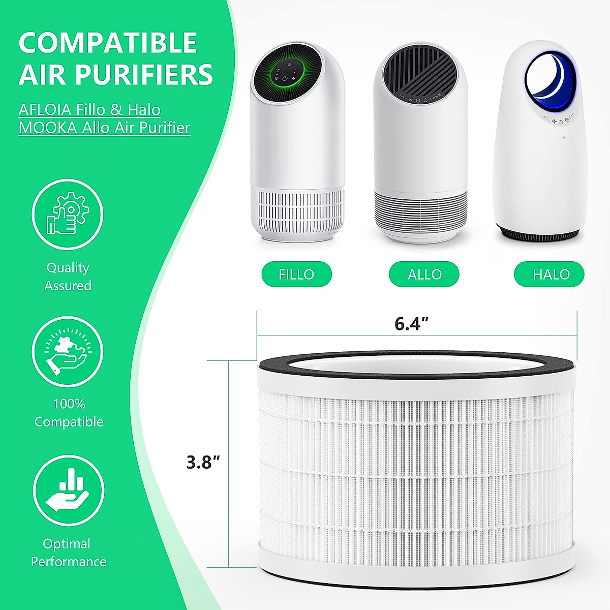 CFKREYA Replacement HEPA Filter for Afloia Fillo, Halo, Also Compatible with Mooka Allo Air Puri-Fier, 3-in-1 H13 True HEPA Filtration, 2 Pack