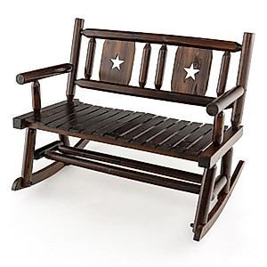 Giantex Outdoor Rocking Bench, Patio Loveseat Rocker for 2 w/Ergonomic Back & Log Arms, Carbonized Fir Wood Frame, Wooden Double Rocking Chair for Porch, Garden, 710 LB Capacity, Rustic Brown