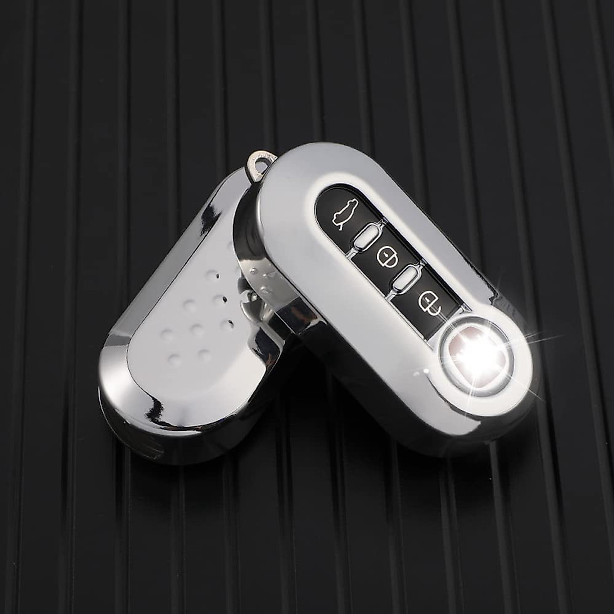 HIBEYO Key Fob Cover for Fiat 500 Linea 3 Button Filping Smart Remote Auto Key Shell with Leather Keychains for Fiat 500 Accessories Soft TPU Key Case-Silver