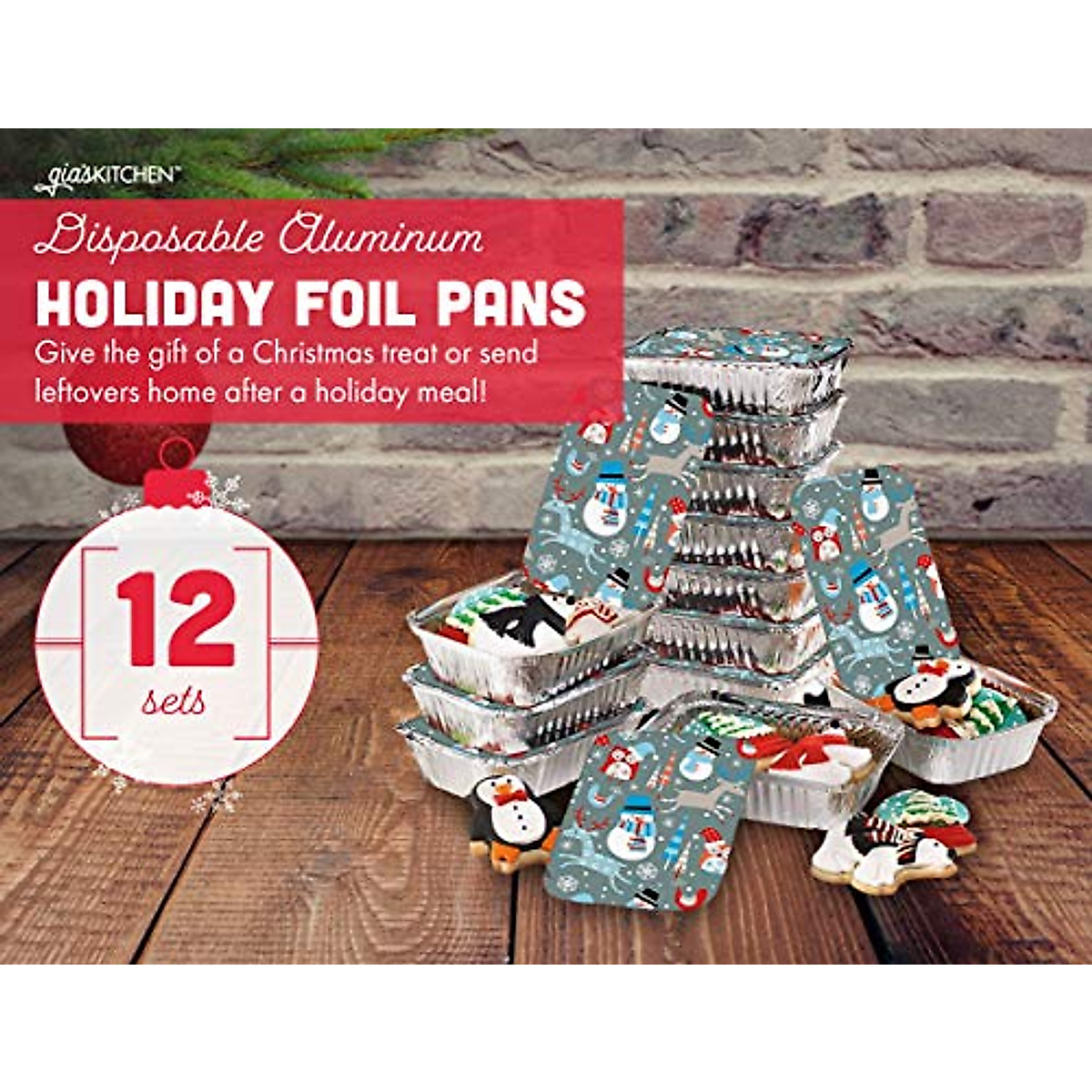 Gia's Kitchen Disposable Aluminum Pans with Lids, 24 Piece, Set of 12 - Heavy Duty Foil Pans with Lids Perfect for Leftovers, Holiday Treats, Gift Giving - Winter Friends Foil Container Rectangular