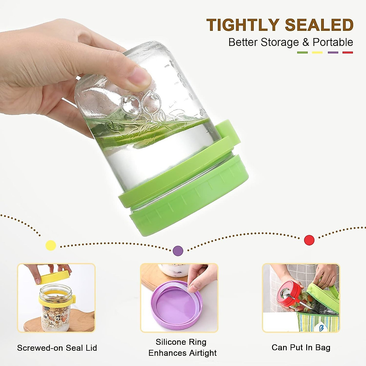 Vaootop 4-pack 16 oz Overnight Oats Containers with Lids and Spoons, Glass jars with Airtight Lids, Wide mouth Mason Salad jars, Glass Food Storage Containers for Snacks Yogurt Spice Sugar