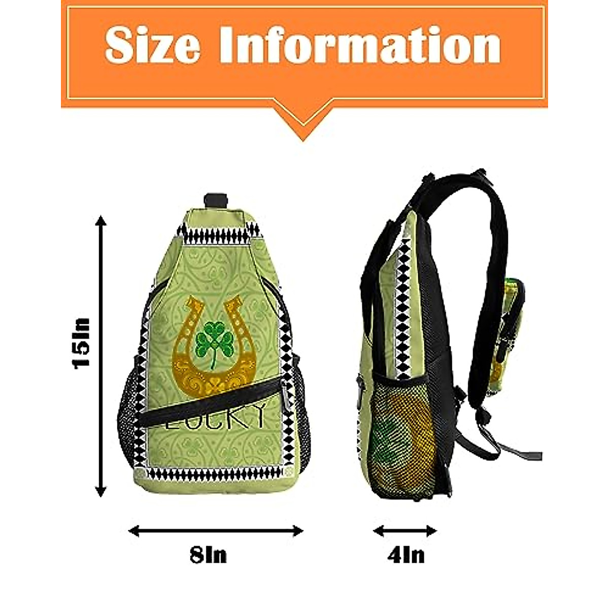 Gsypo Sling Backpack, St.Patrick's Day Lucky Shamrocks Horseshoe Waterproof Lightweight Small Sling Bag, Travel Chest Bag Crossbody Shoulder Bag Hiking Daypack for Women Men