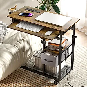 Oransail Height Adjustable C Table with Charging Station, Mobile Laptop C Shaped End Table, Couch Desk with Wheels, Couch Side Table with Storage Drawer for Living Room Bedroom
