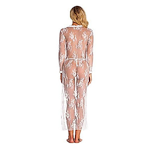 Women's Sexy Lingerie Set See Through Lace Gown Kimono Cover Up Sleepwear Maternity Dress Robe Mesh Robe, White M