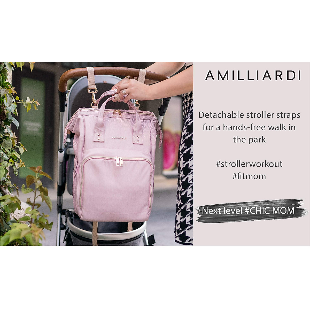 AMILLIARDI Diaper Bag Backpack - 6 INSULATED Bottle Holders - Detachable Stroller Straps (Light Pink)