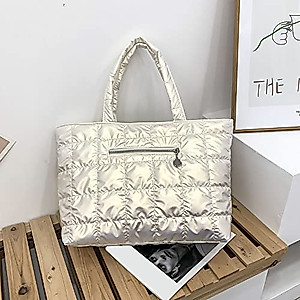 Large Quilted Tote Bag with Zip for Women Lightweight Winter Down Cotton Padded Plaid Shoulder Bags Down Padding Handbags with 2 inner Pockets and an Outer Zip Pocket