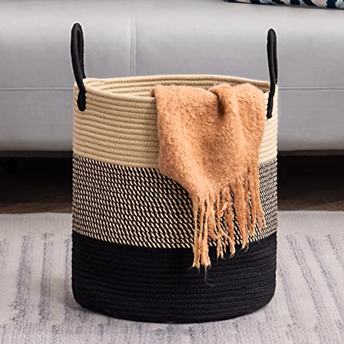 Woven Rope Laundry Basket by TECHMILLY, 42L Baby Nursery Hamper for Clothes Blanket Storage, Large Tall Laundry Hamper for College Dorm, Bedroom, Living Room, Brown & Black