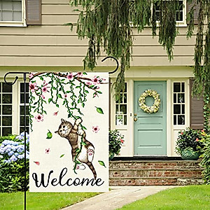 Louise Maelys Welcome Spring Garden Flag 12x18 Double Sided, Burlap Small Cat Flower Floral Garden Yard Flags for Seasonal Outside Outdoor House Decoration (Only Flag)