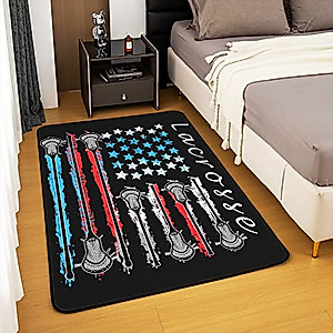 jejeloiu Lacrosse Area Rug 5'x7' Kids American Flag Sports Theme Decorative Carpet for Women Men Lacrosse Player Games Rugs for Living Room Bedroom Floor Mat Room Decor