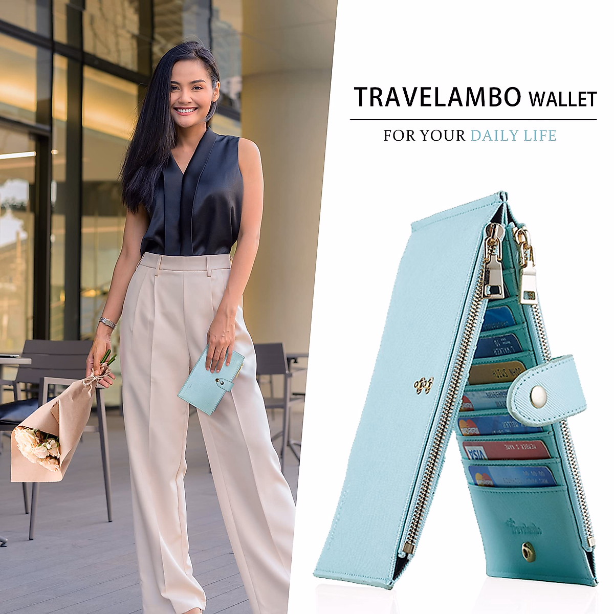 Travelambo RFID Wallet Women Large Size Bifold Multi Card Wallet Case with Zipper Pocke Credit Card Holder for Women