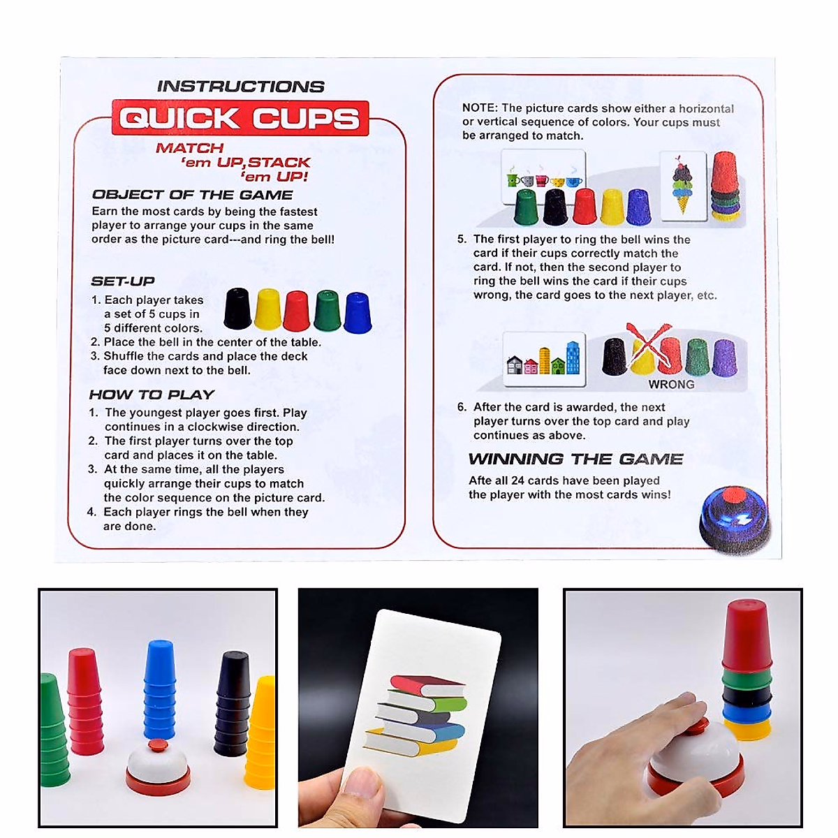 KRISMYA Quick Cups Games for Kids,Classic Speed Cup Game for Parent-Child Interactive Stacking Cups Game with 24 Picture Cards, 30 Cups (6 Sets of 5 Colors Each), Bell &Instructions