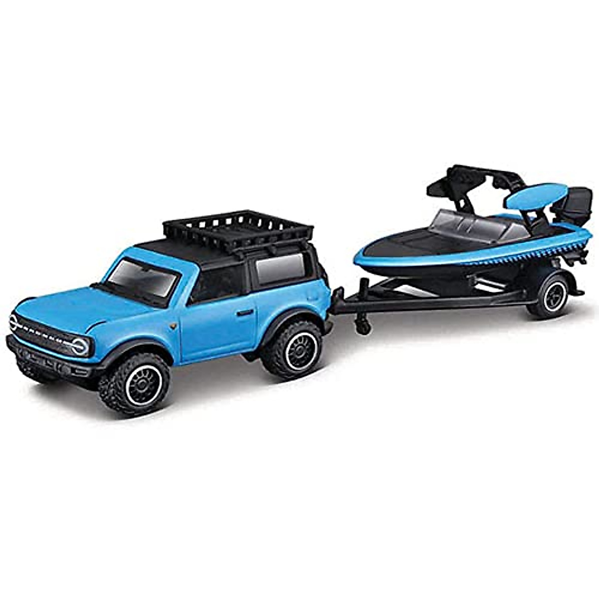 2021 Bronco Blue with Black Top and Roof Rack and Ski Boat with Trailer Blue and Black Tow & Go Series 1/64 Diecast Model Car 15368-22D