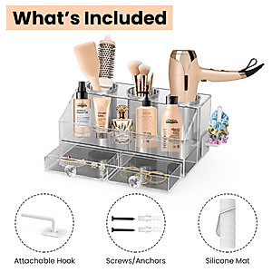 FINECLICK Hair Tool Organizer, Acrylic Wall Mount Blow Dryer and Hair Styling Holder with Storage,Bathroom Countertop Hair Dryer Holder,Vanity Caddy for Toiletries,Accessory Makeup (Two Drawer, Clear)