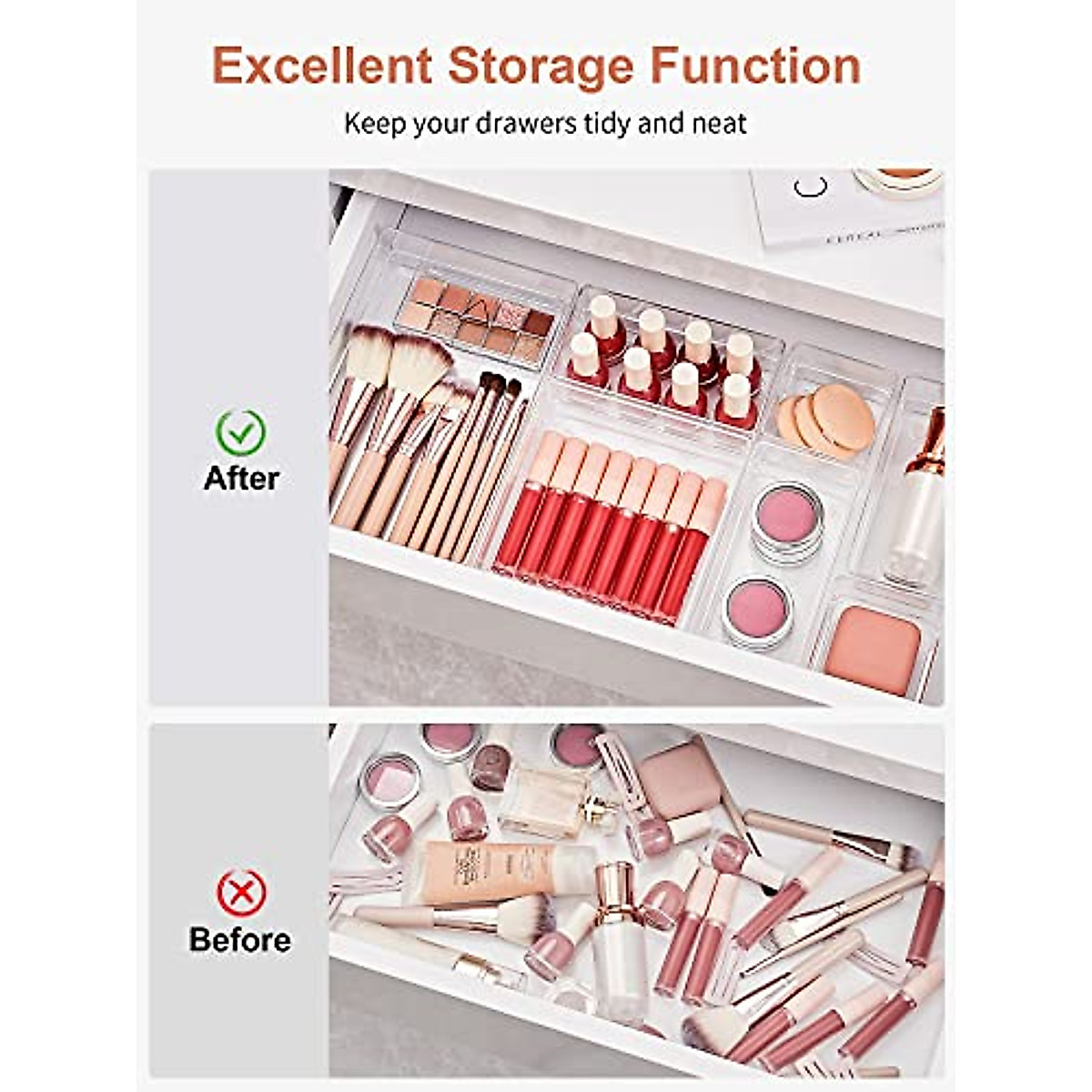 SMARTAKE 13-Piece Drawer Organizer with Non-Slip Silicone Pads, 5-Size Desk Drawer Organizer Trays Storage Tray for Makeup, Jewelries, Utensils in Bedroom Dresser, Office and Kitchen, Clear