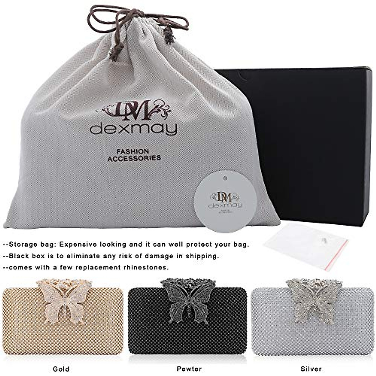 Dexmay Rhinestone Crystal Clutch Purse Butterfly Clasp Women Evening Bag for Formal Party Silver