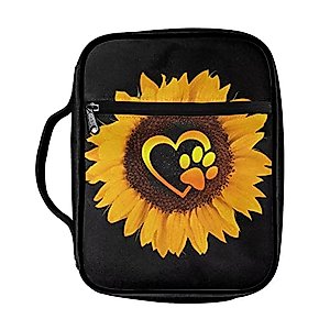 Drydeepin Yellow Sunflower Cute Cartoon Dog Paws Print Womens Bible Case Zippered Bible Covers Church Study Supplies Portable Carrying Bible Case with Handle for Pastor Gifts