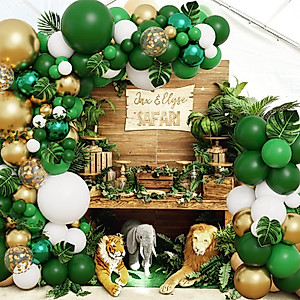 RUBFAC 152pcs Jungle Balloons Garland Arch Kit, Green Gold Balloon Arch, Safari Balloons Dinosaur Party Decoration with Artificial Palm Leaves for Animal Wild One Birthday Baby Shower Supplies
