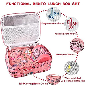 Bento Lunch Box Set for Kids with 10oz Soup Thermo, Leak-Proof Lunch Containers with 4 Compartment, Kids Thermo Hot Food Jar and Insulated Lunch Bag for Kids to School,BPA-Free(Flamingos)