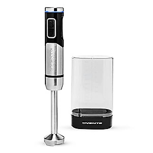 OVENTE Electric Cordless Immersion Hand Blender 200 Watt 8-Mixing Speed with Stainless Steel Blades, Heavy-Duty Portable & Rechargeable Perfect for Smoothies, Puree Baby Food & Soup, Black HR981B
